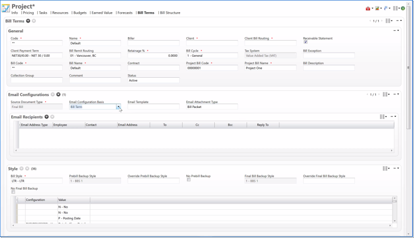 Project - Bill Terms Tab